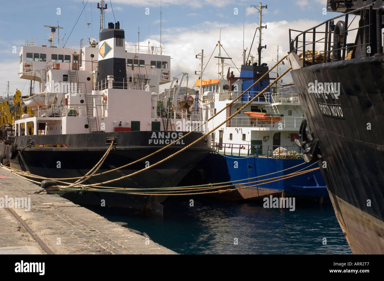 Dredgers dredger ship at the quayside port Funchal harbour Madeira ...
