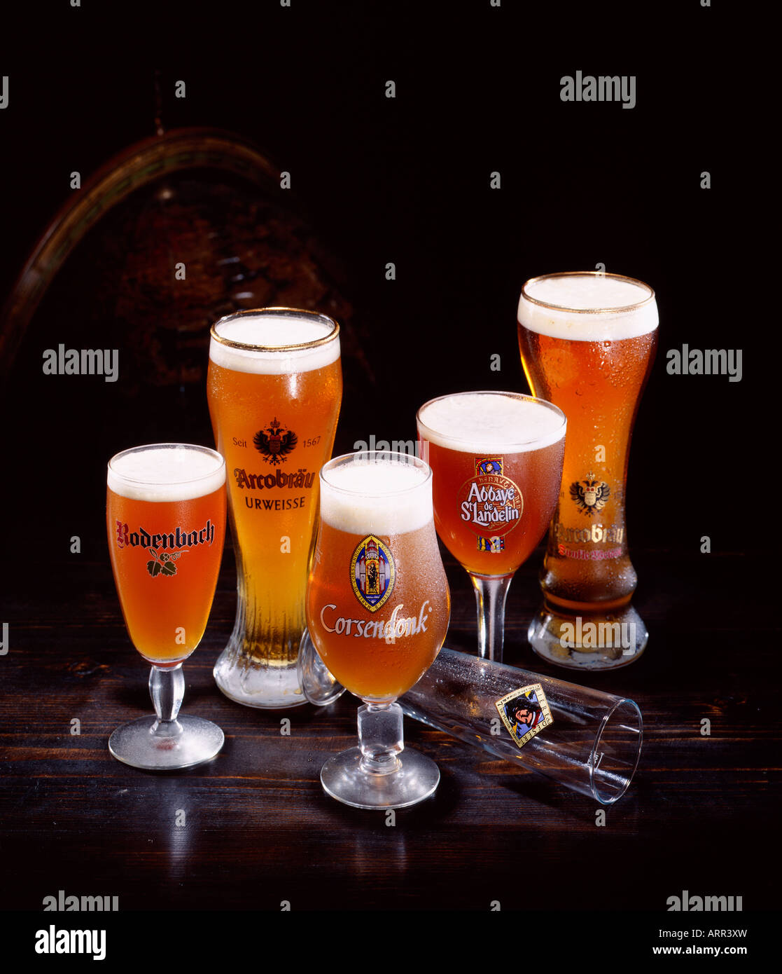 STILL-LIFE WITH FIVE CONTINENTAL BEERS IN TRADE MARKED GLASSES Stock ...