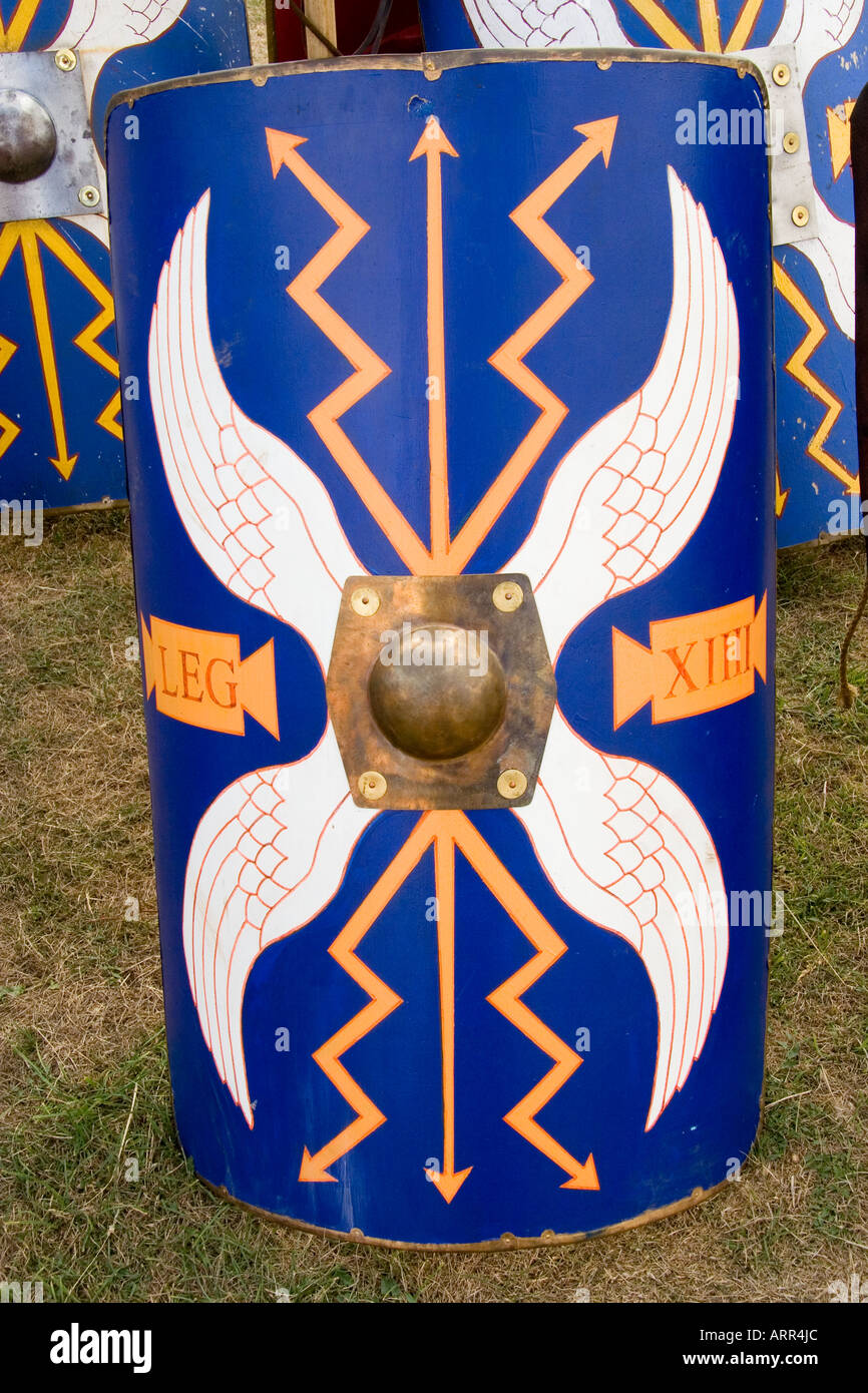 Living history re-enactment. Front of an early type of Roman shield in ...