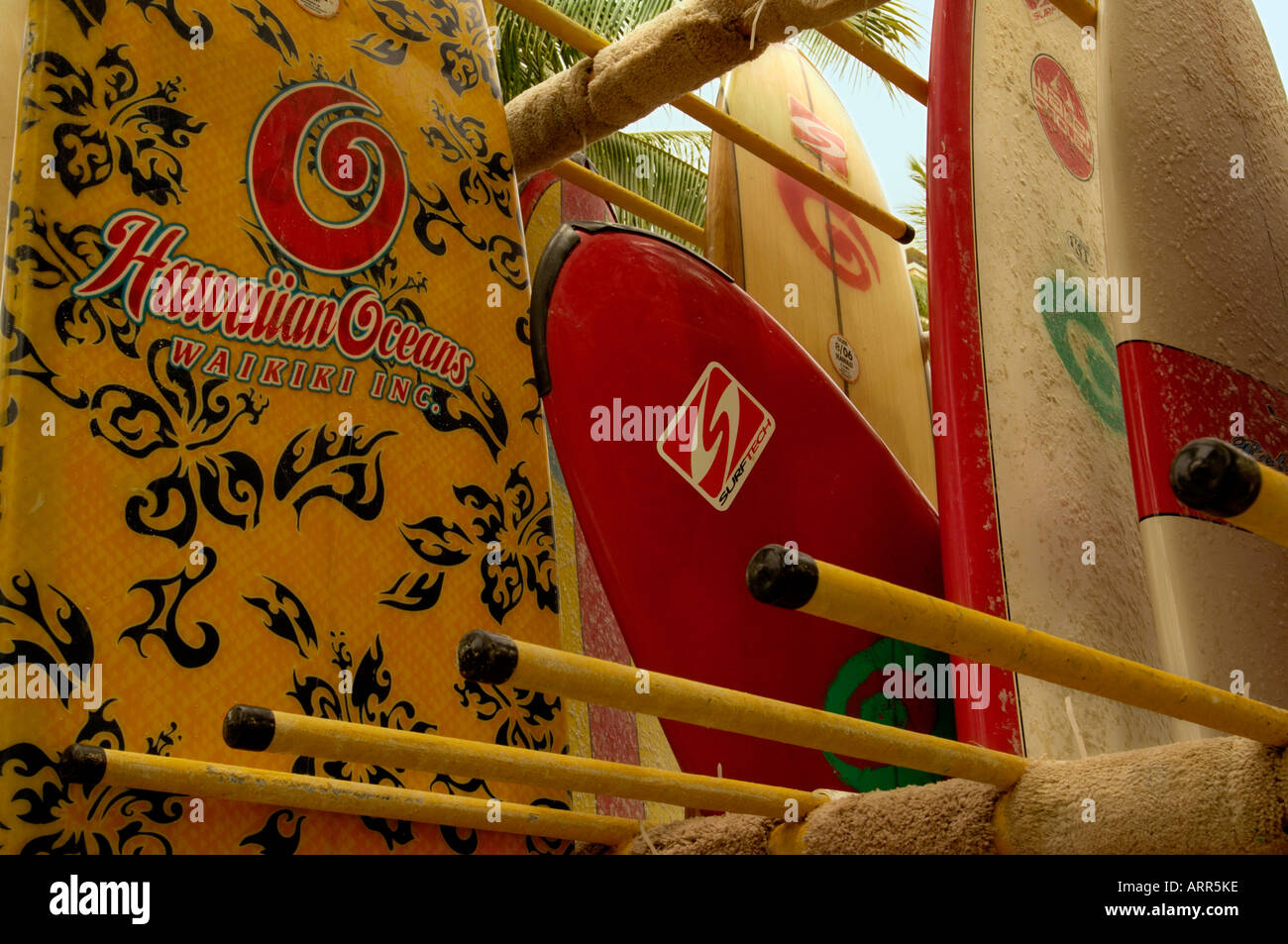 Surf Boards in stand on Waikiki Beach Hawaii Oahu USA Stock Photo - Alamy