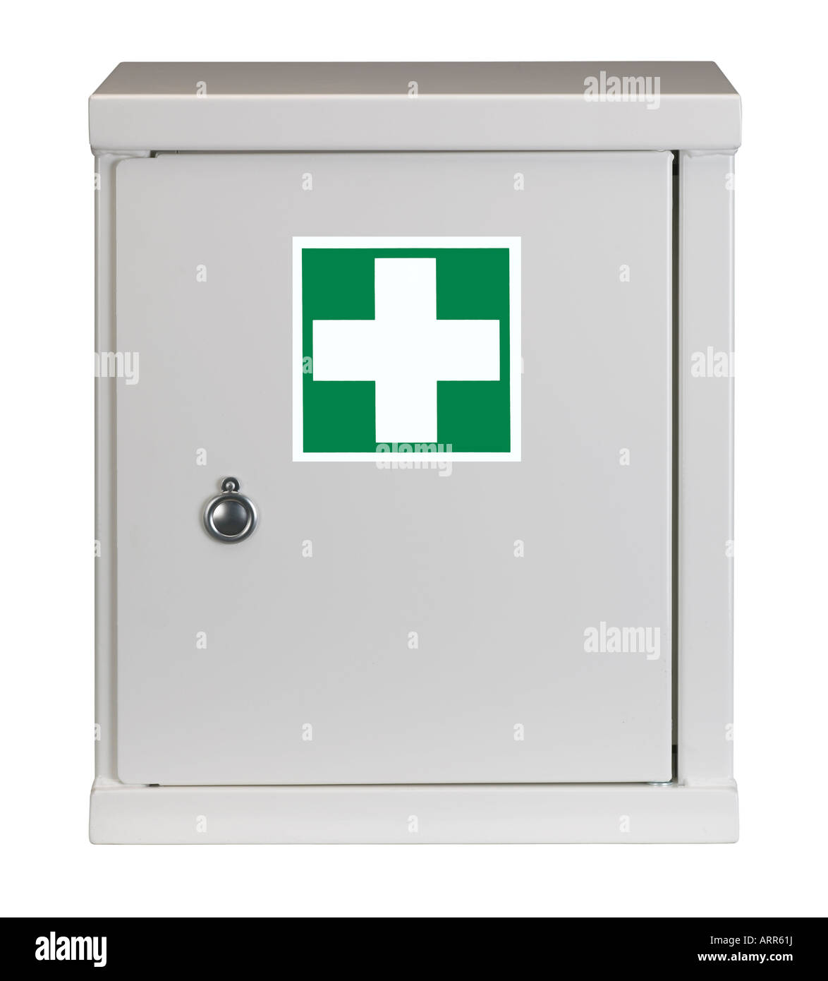 WHITE STEEL CABINET WITH FIRST AID WARNING SIGN ON DOOR Stock Photo - Alamy