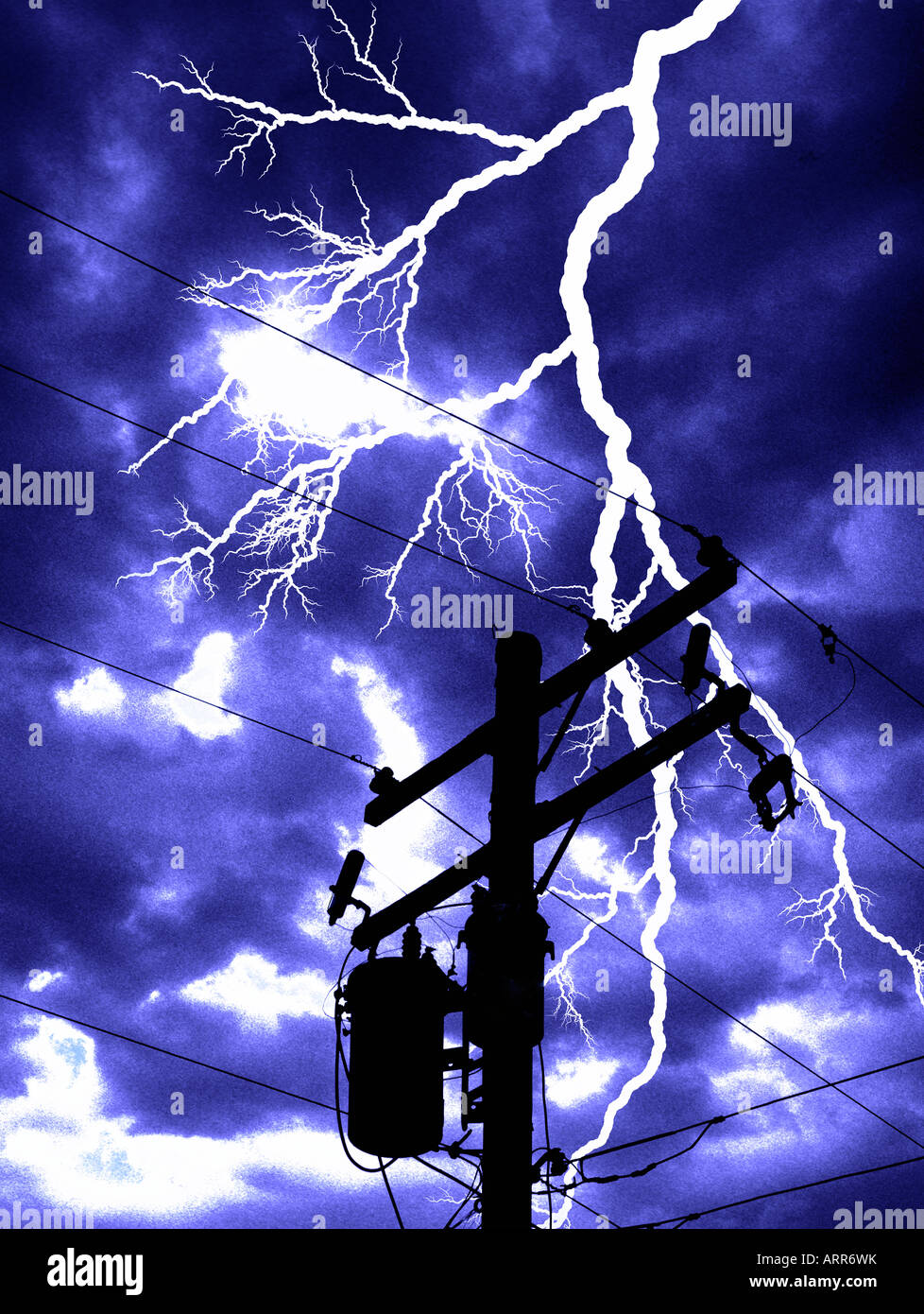 bolts of lightning near power line pole and wires Stock Photo - Alamy