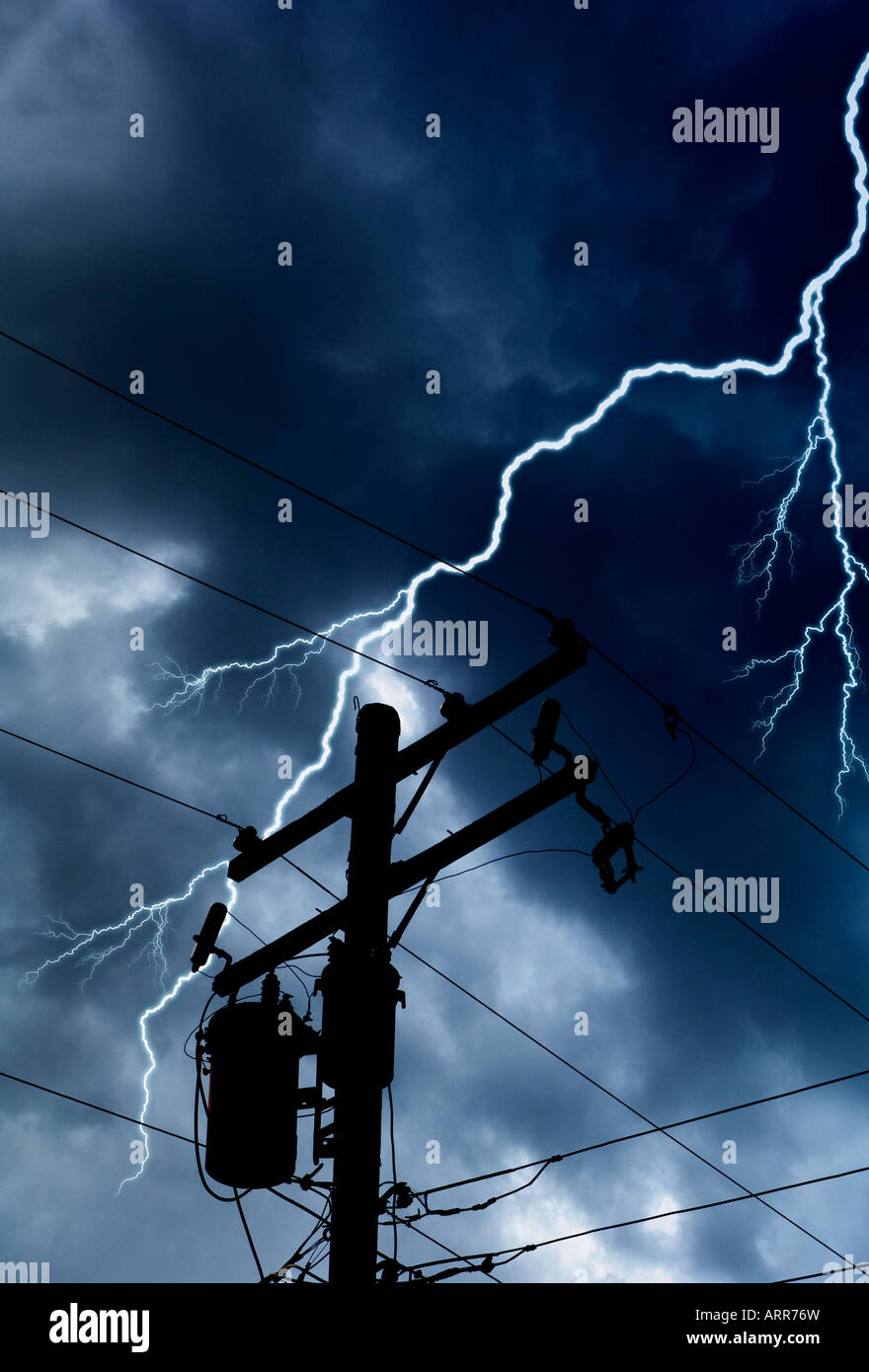 bolts of lightning near power line pole and wires Stock Photo - Alamy