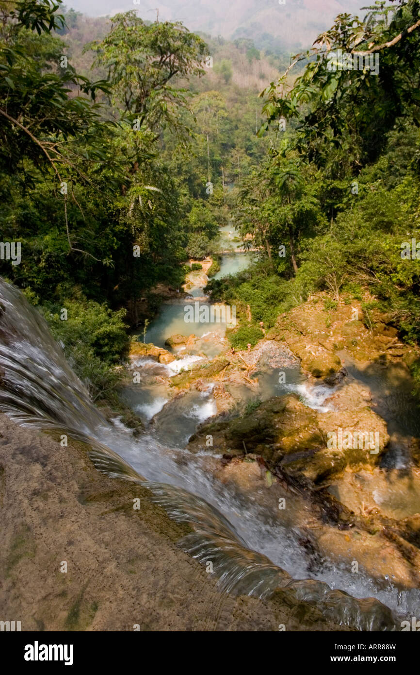View over the edge of Kuang Xi waterfall near Luang Prabang Laos Stock ...