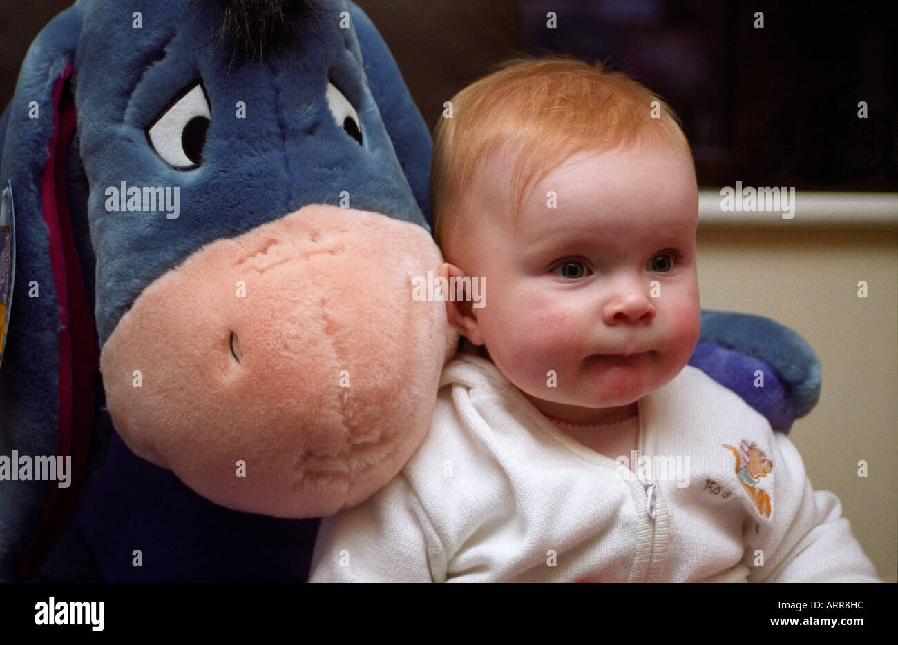 Big toy donkey cuddling little girl Stock Photo - Alamy