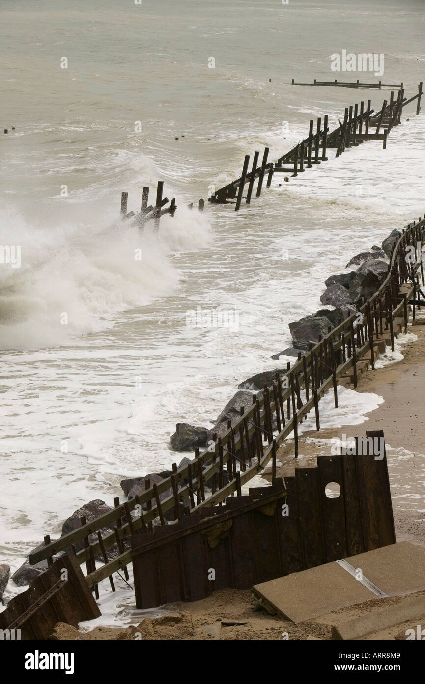 storm waves breaching the sea defences at Happisburgh, Norfolk, UK ...