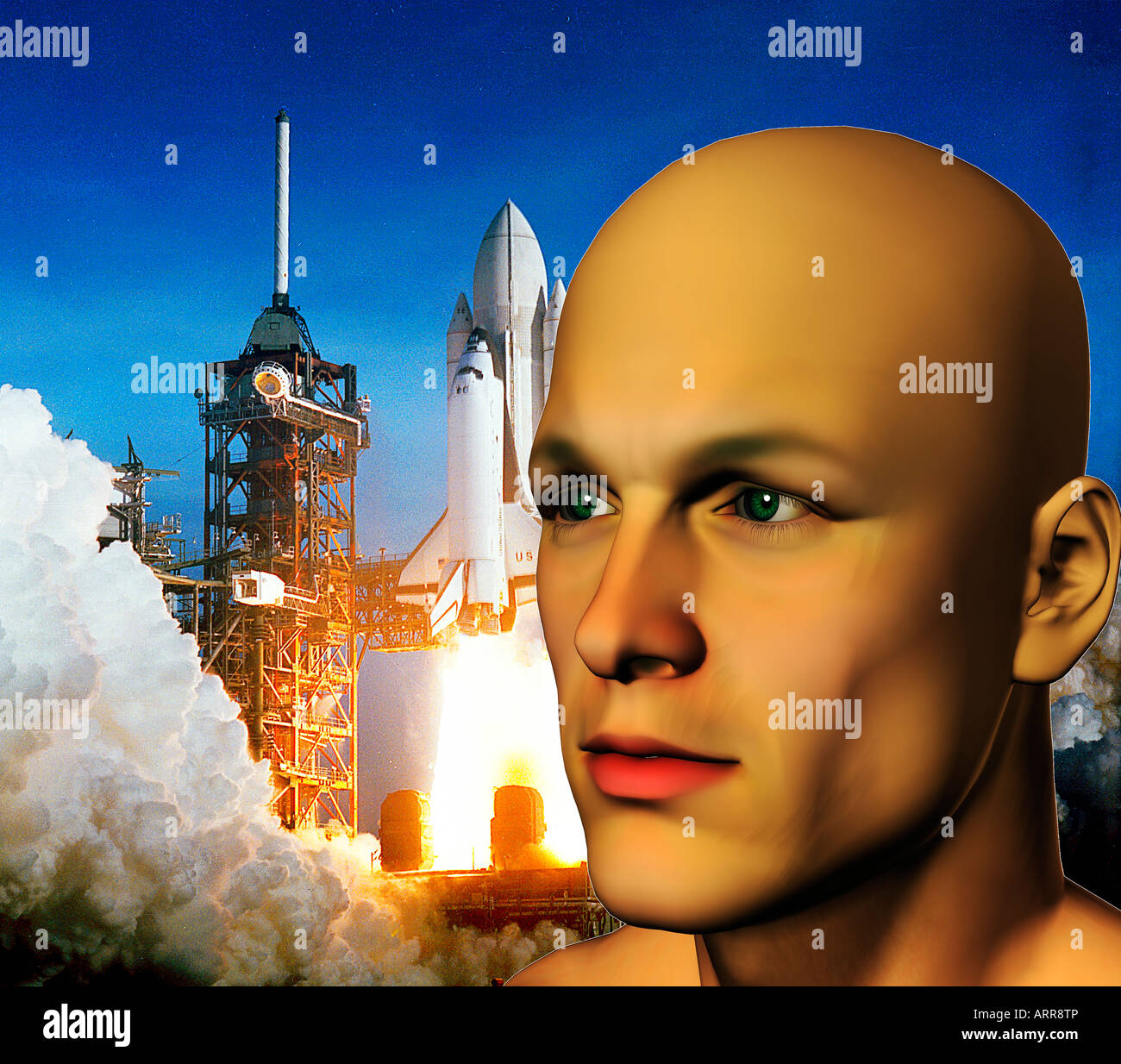 computer generated 3D male robot shown with NASA shuttle liftoff from ...