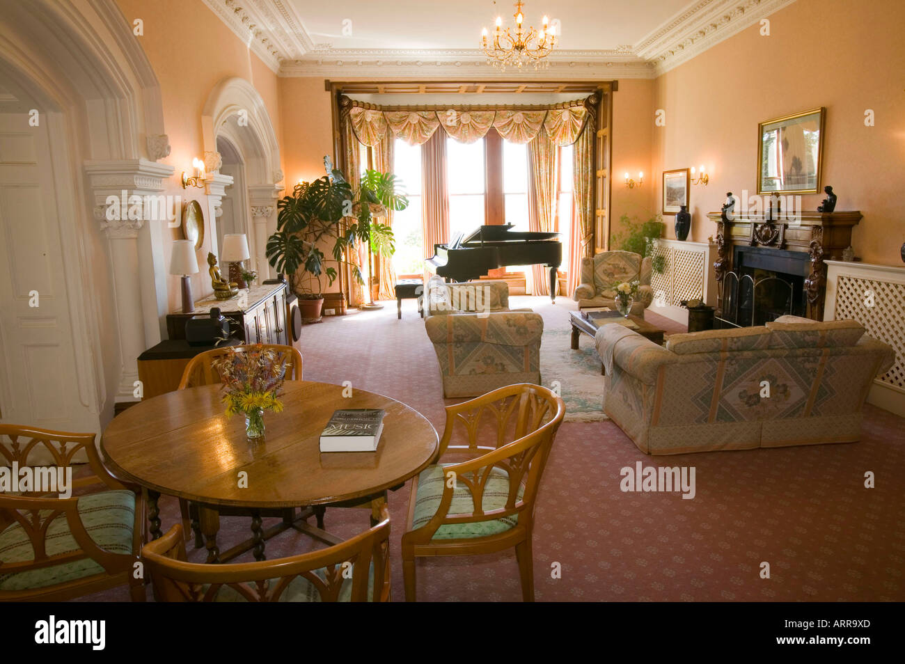 the music room in the old Tarn Howes Hotel, Hawkshead, Lake district ...