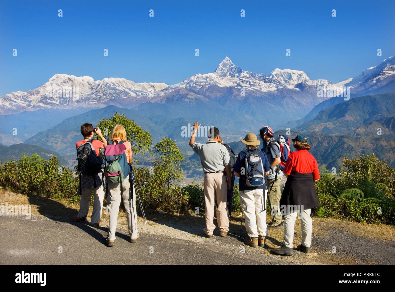 trekking tourists being taught about landscape nature by nepali guide ...