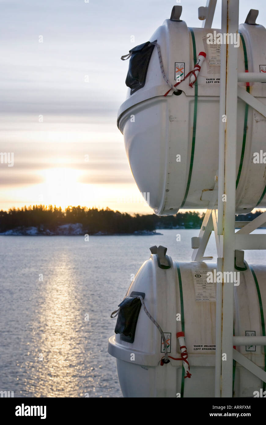 Lifeboat rescue pods on ferry Stock Photo - Alamy