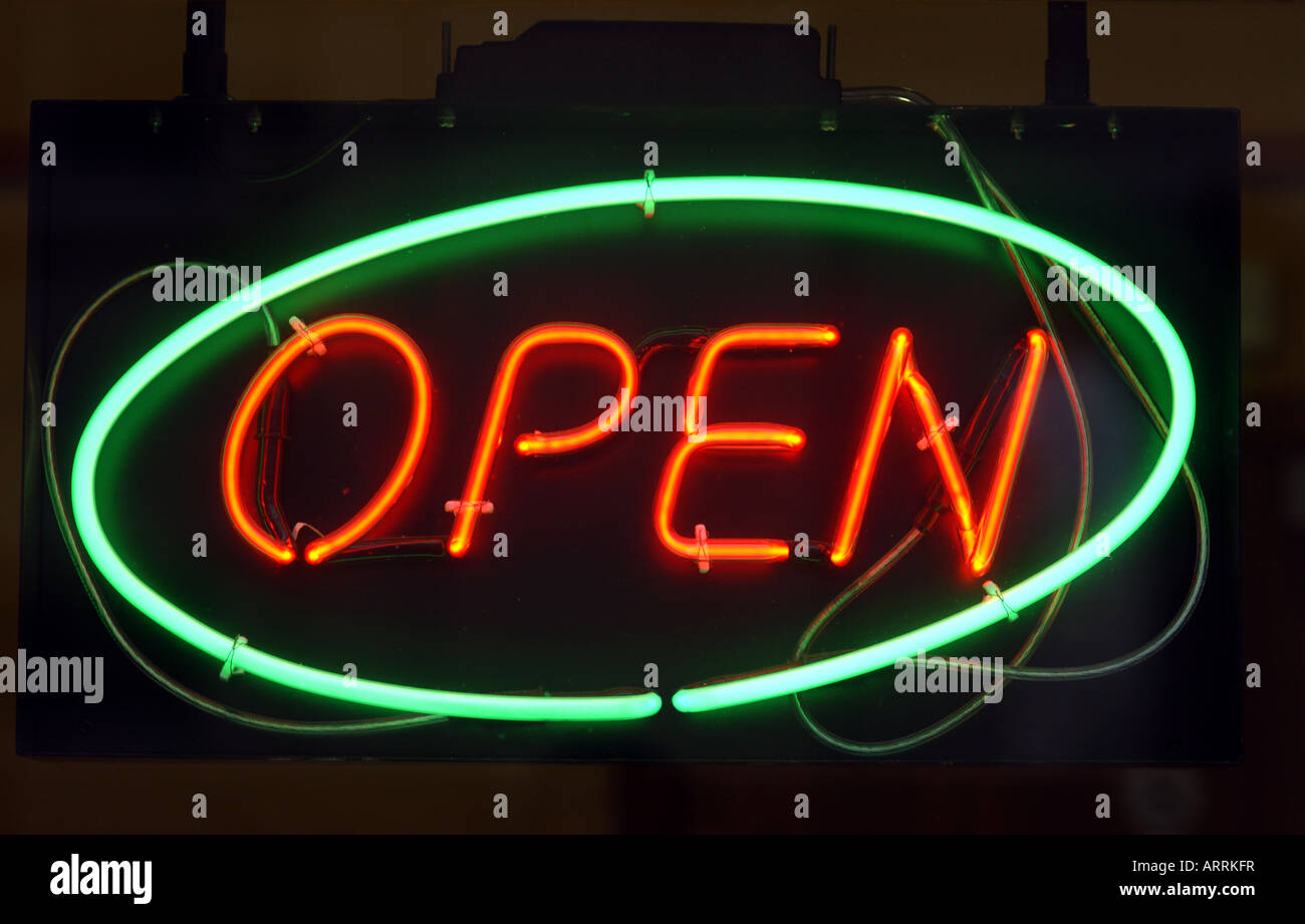 Neon Open sign in a window Stock Photo - Alamy