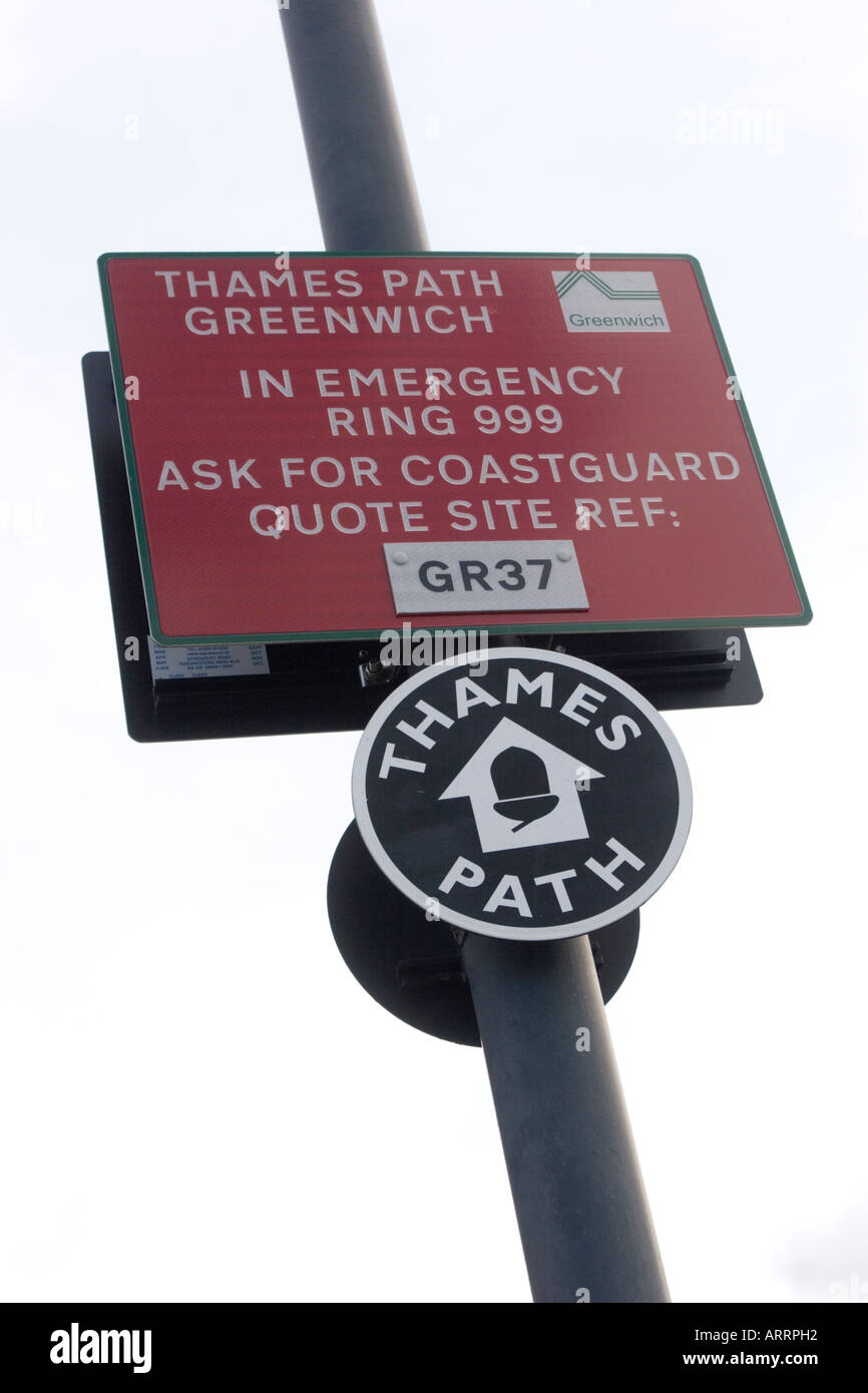 Thames Path Greenwich Emergency Sign Stock Photo - Alamy