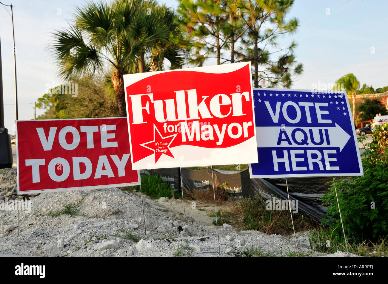 Bilingual Spanish English voting precinct signs in front of a polling ...