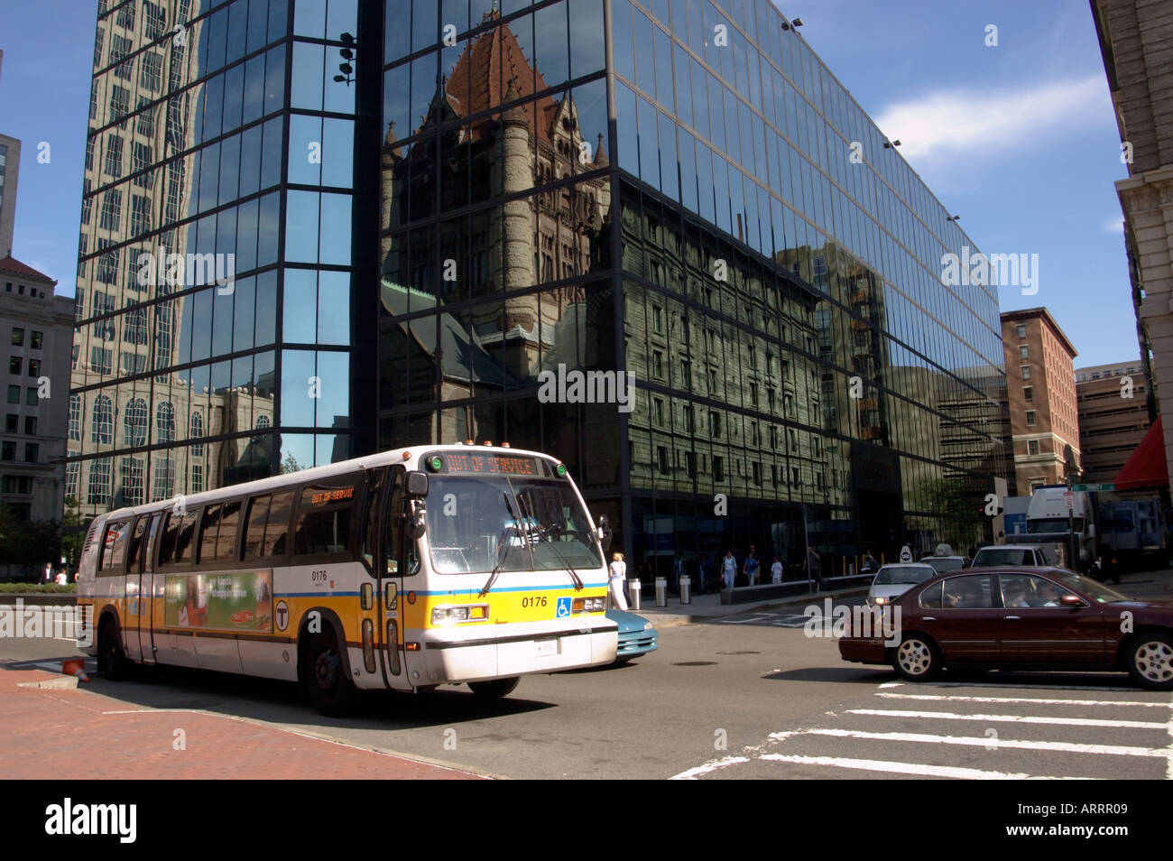 Boston Hancock Building reflecting Trinity Church with Public Bus Stock ...
