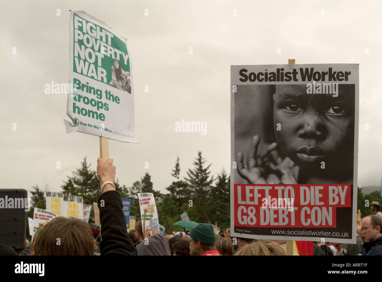 Anti poverty banners at G8 summit protest rally, Gleneagles, Scotland ...