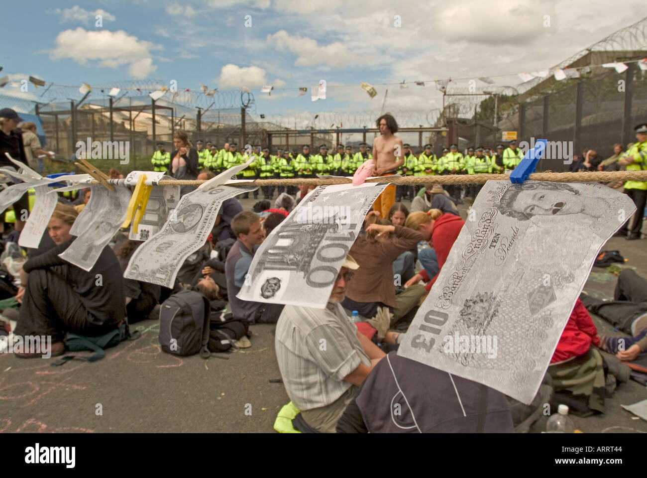 Bank notes with written messages at G8 protest rally, Faslane naval ...