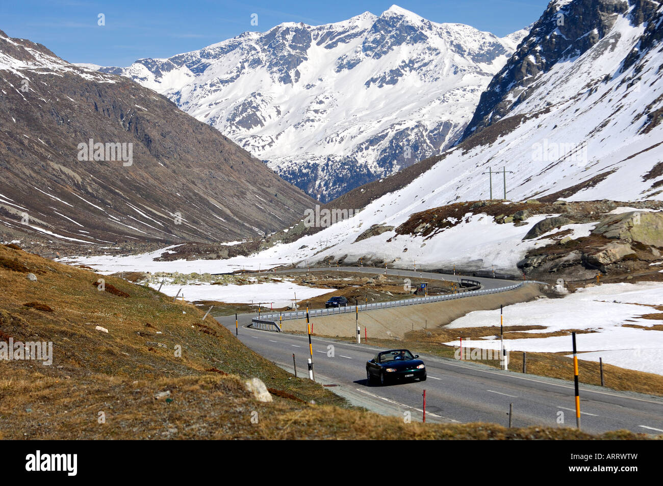 At the Julier Pass view towards Engadine valley Grison Switzerland ...