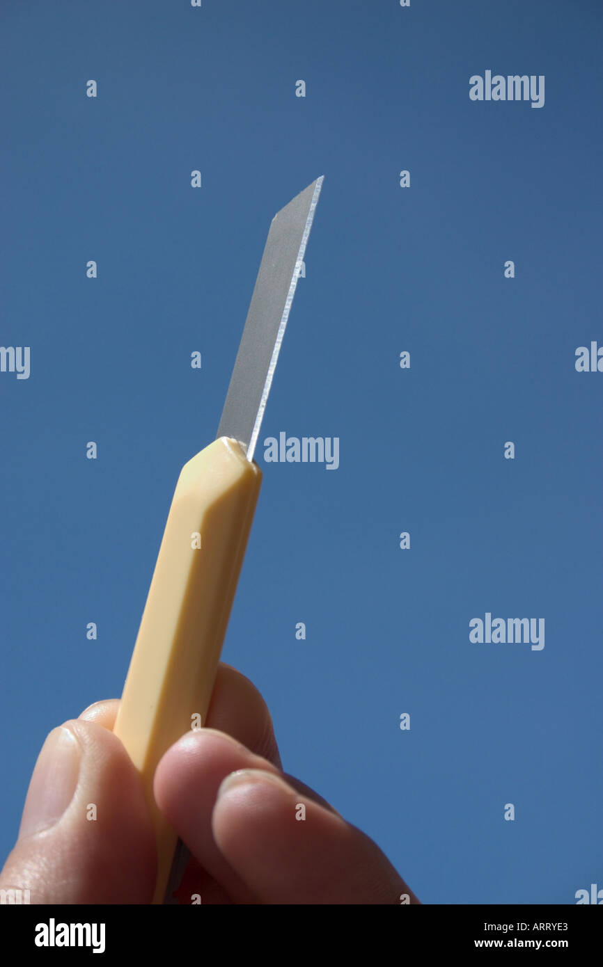 hand holding a sharp blade against blue sky Stock Photo - Alamy