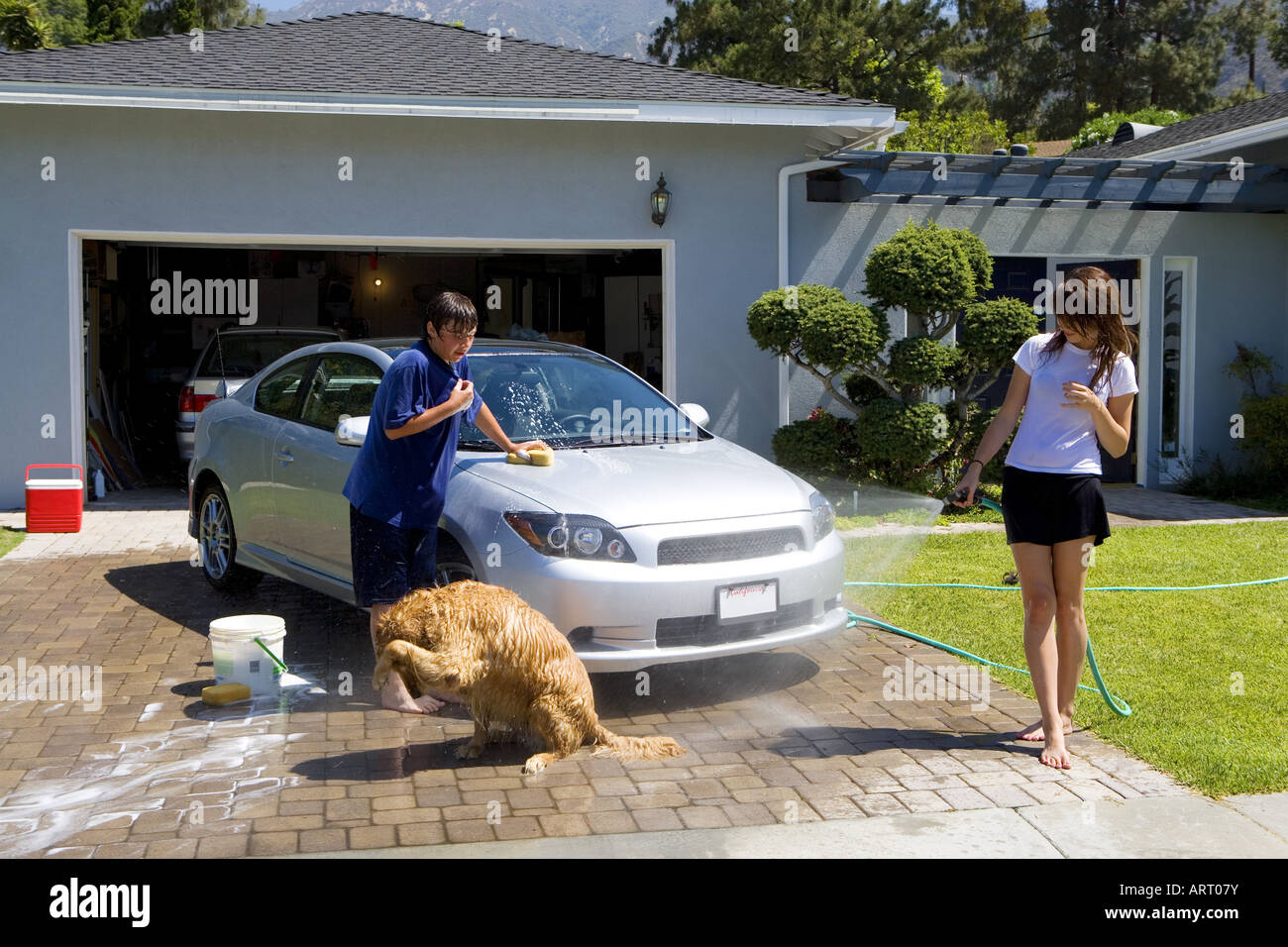 Girl spraying dog in driveway Stock Photo - Alamy