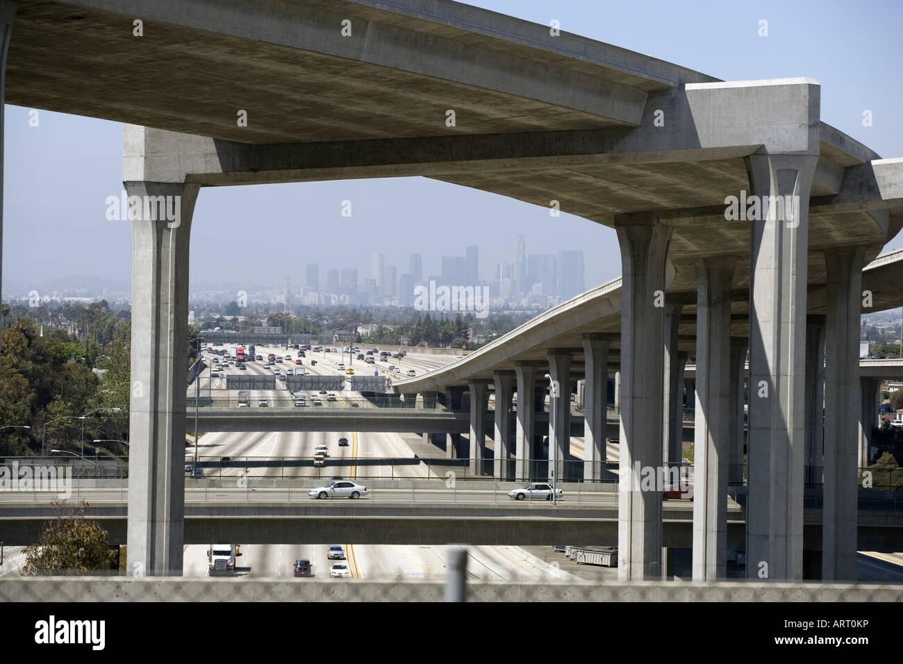 View of freeway traffic and downtown Los Angeles from elevated train ...