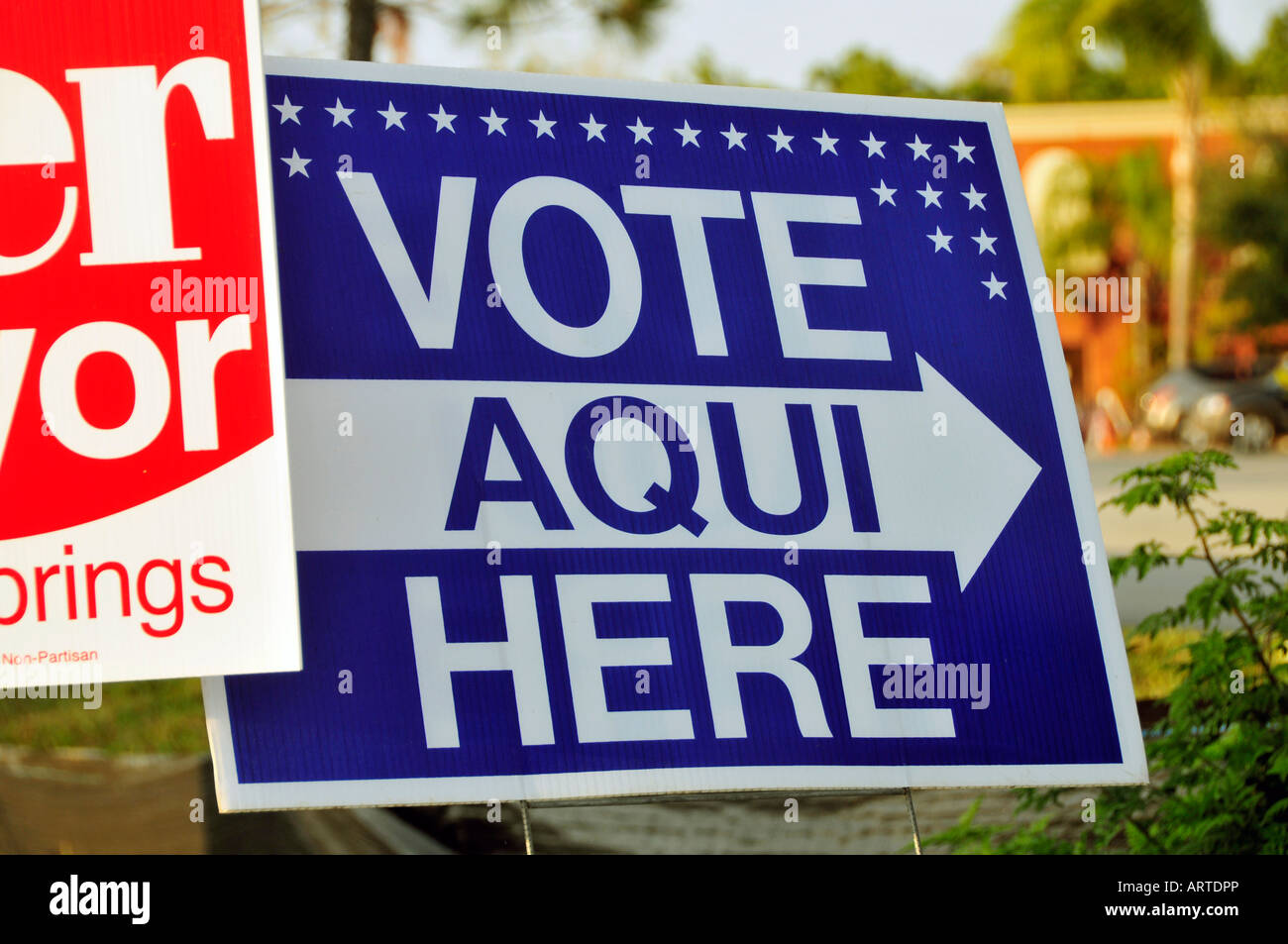 Bilingual Spanish English voting precinct signs in front of a polling ...