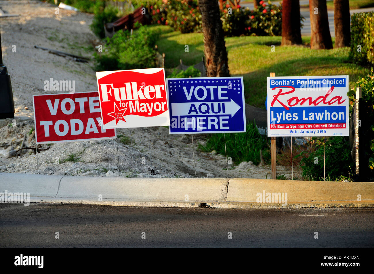 Bilingual Spanish English voting precinct signs in front of a polling ...