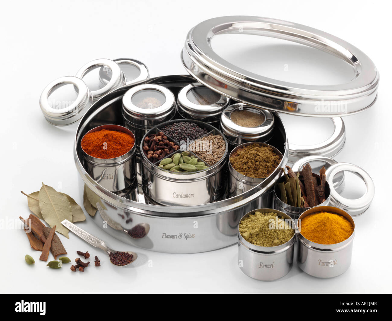 Spice box with Indian spices on a white background editorial food Stock ...