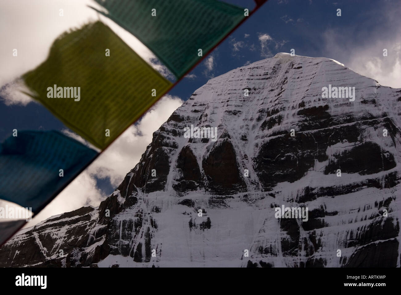 Prayer flags framing the North Face of Mt. Kailash, Western Tibet Stock ...