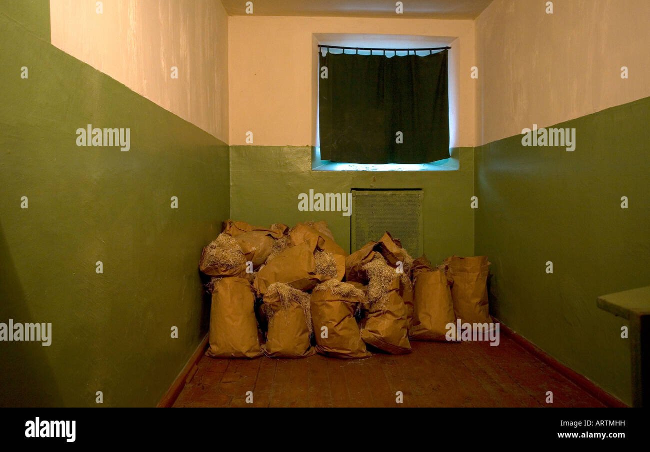 Bags of KGB shredded documents awaiting reassembly in a prison cell at ...