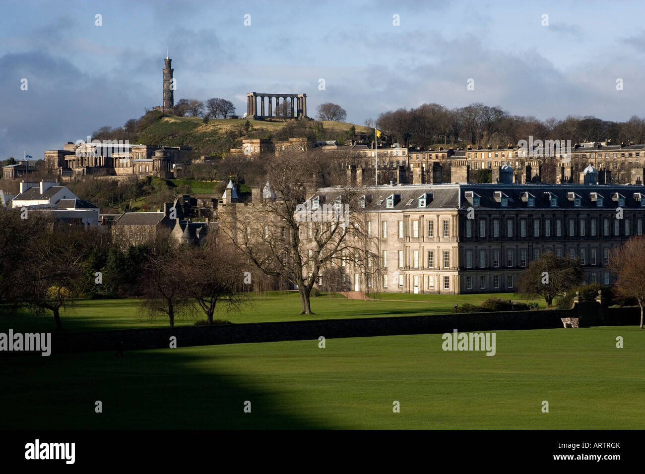 View across the Parade ground to Holyrood Palace and Calton Hill Stock ...