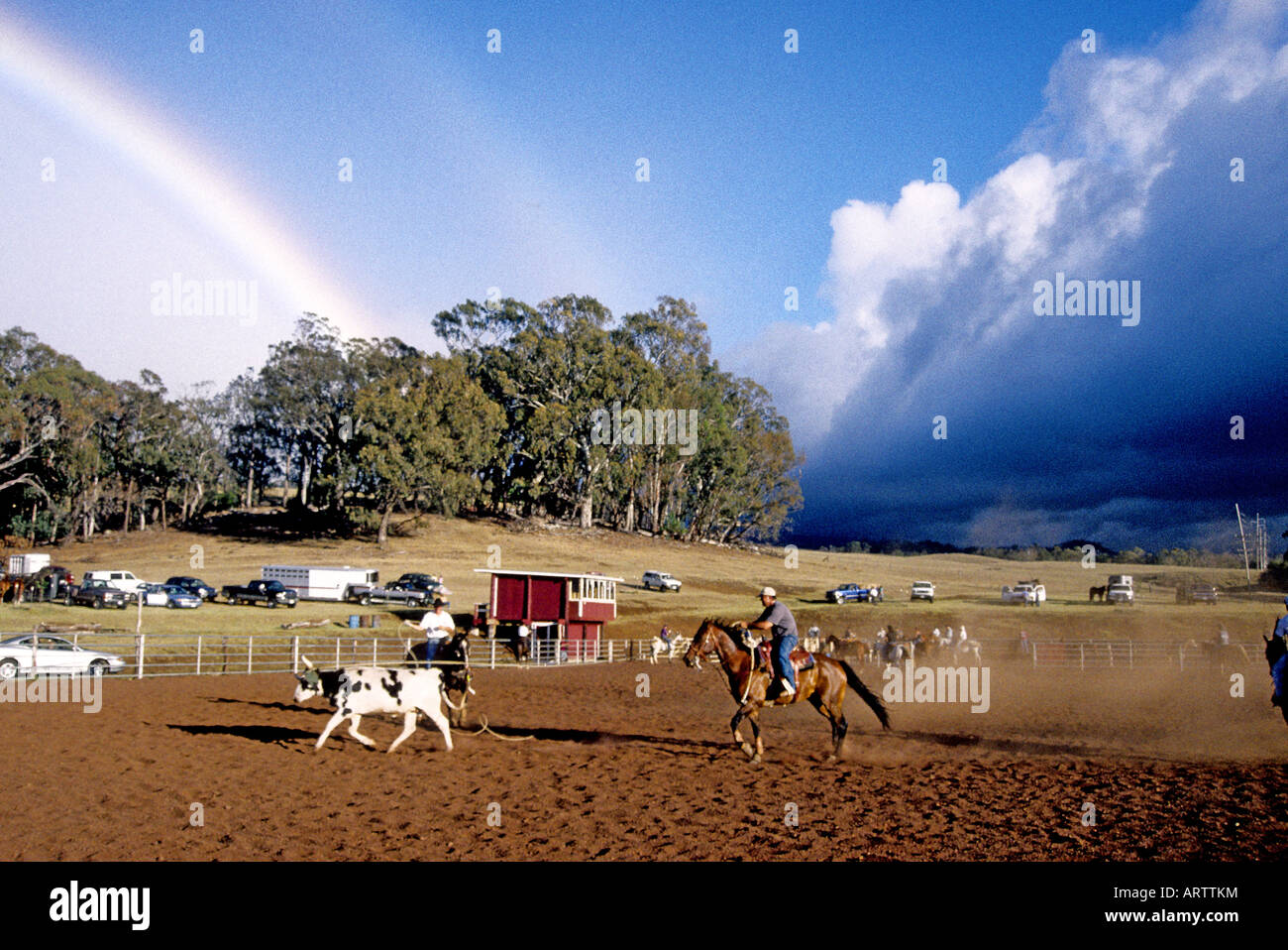 Rainbow over an upcountry Maui roping arena on the slopes of Haleakala ...
