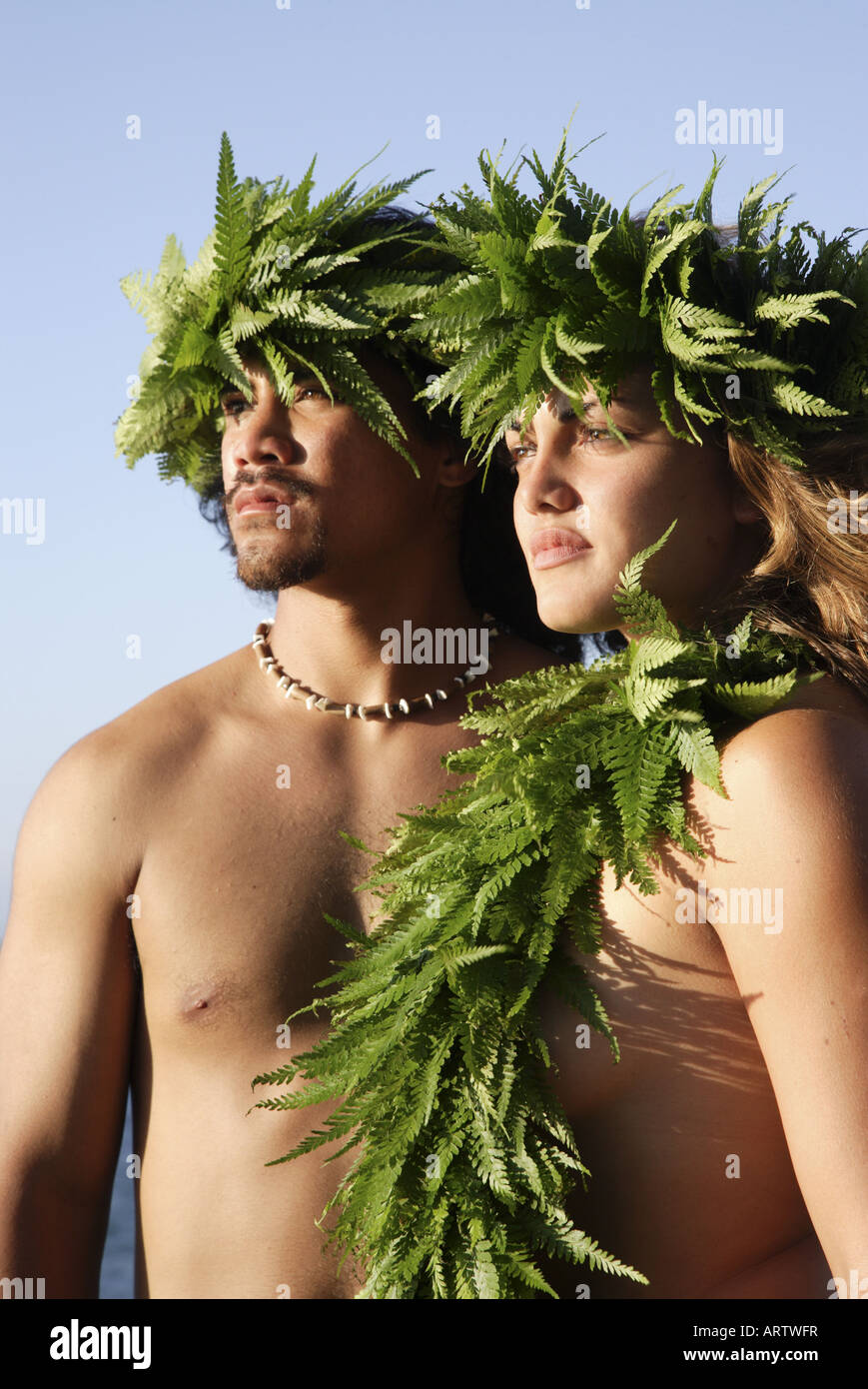 Male (kane) hula dancer deep in thought, wearing palapalai fern head ...