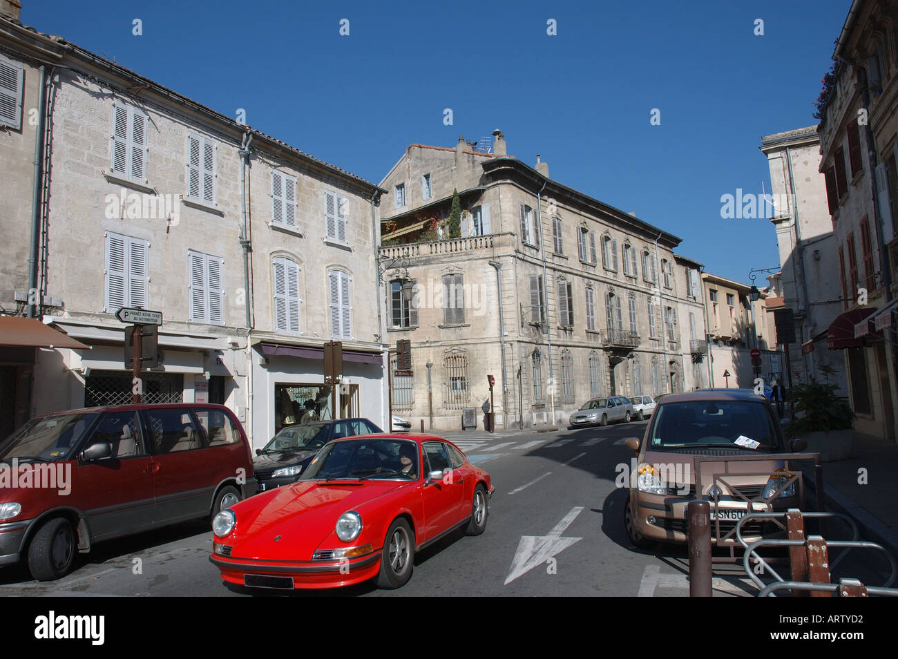 AVIGNON FRANCE, Red Porsche "Luxury Car" street scene in the center of ...