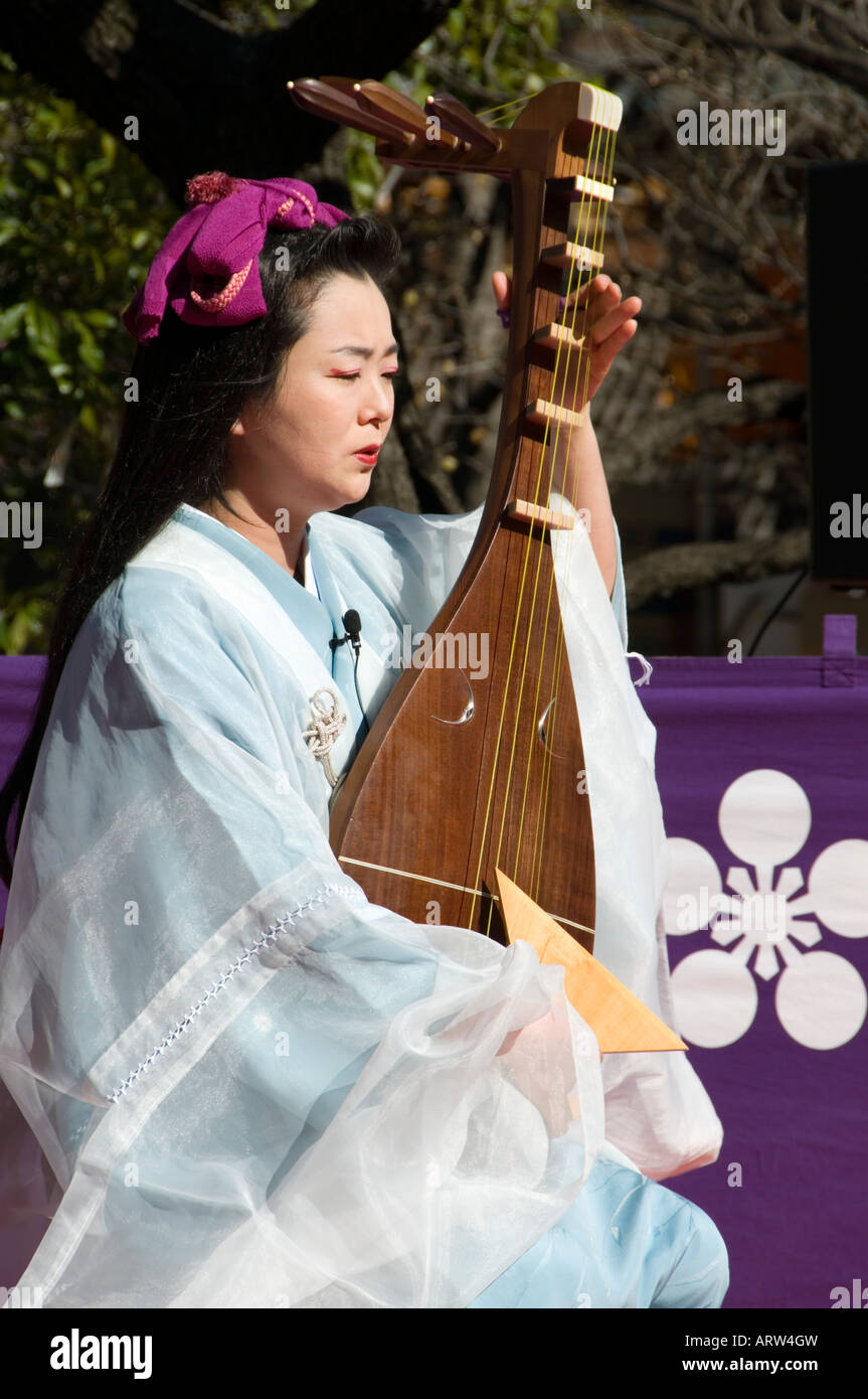 Biwa player at Yushima Tenjin Ume Matsuri (Japanese Apricot Blossom ...