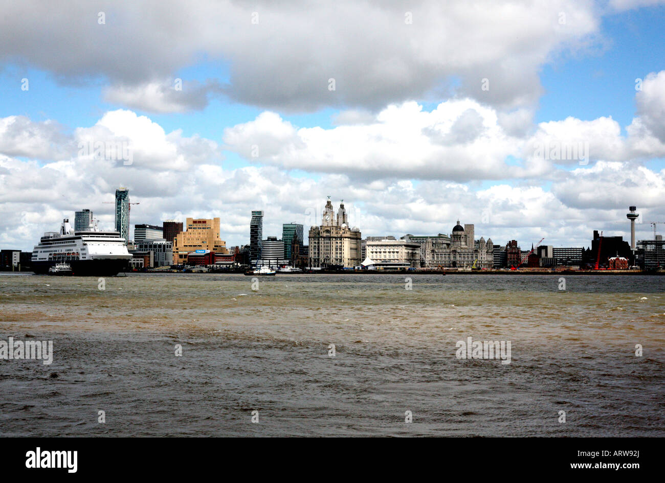 Liverpool waterfront including the Three Graces seen across Mersey from ...