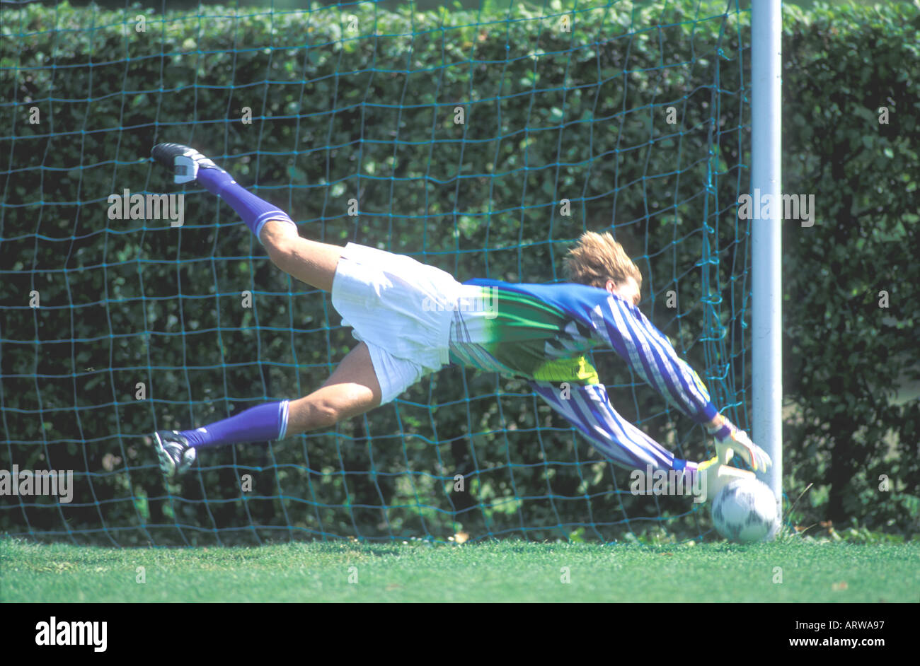 soccer goal keeper flying catching ball Stock Photo - Alamy