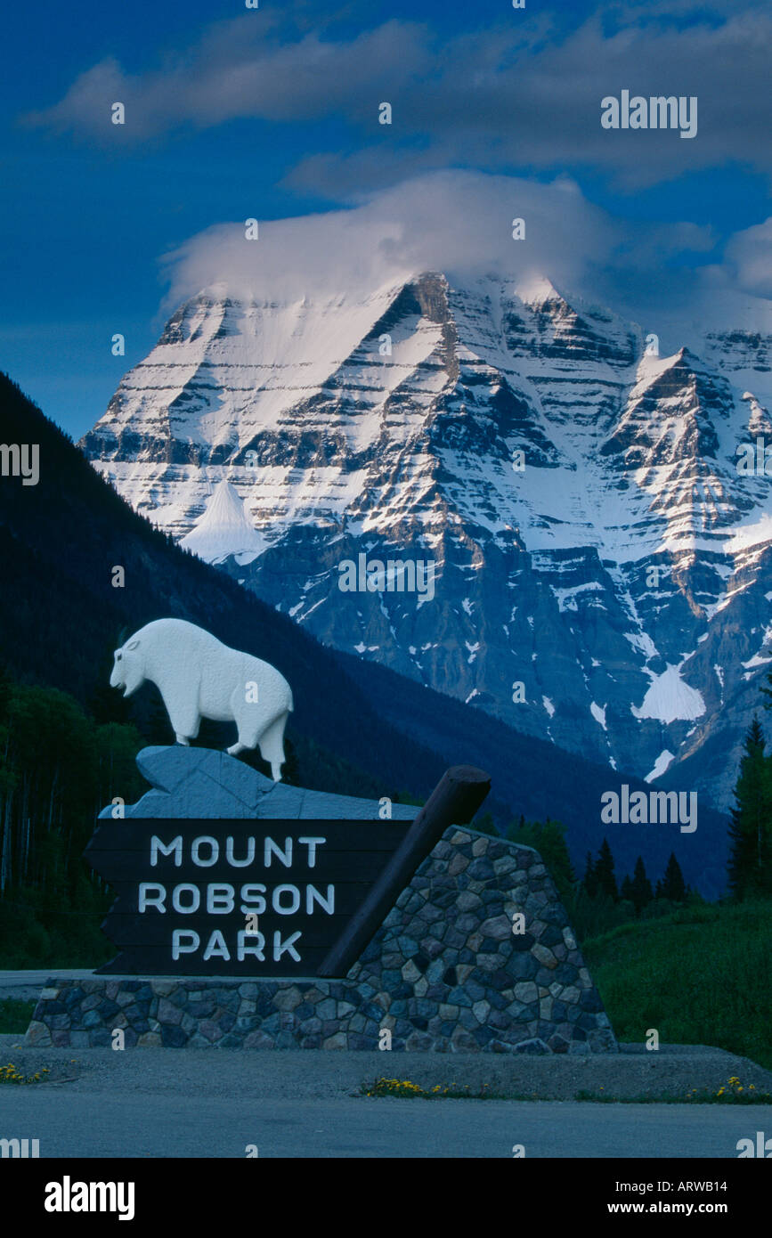 Mountain goat sign at entrance to Mt Robson Provincial Park Stock Photo ...
