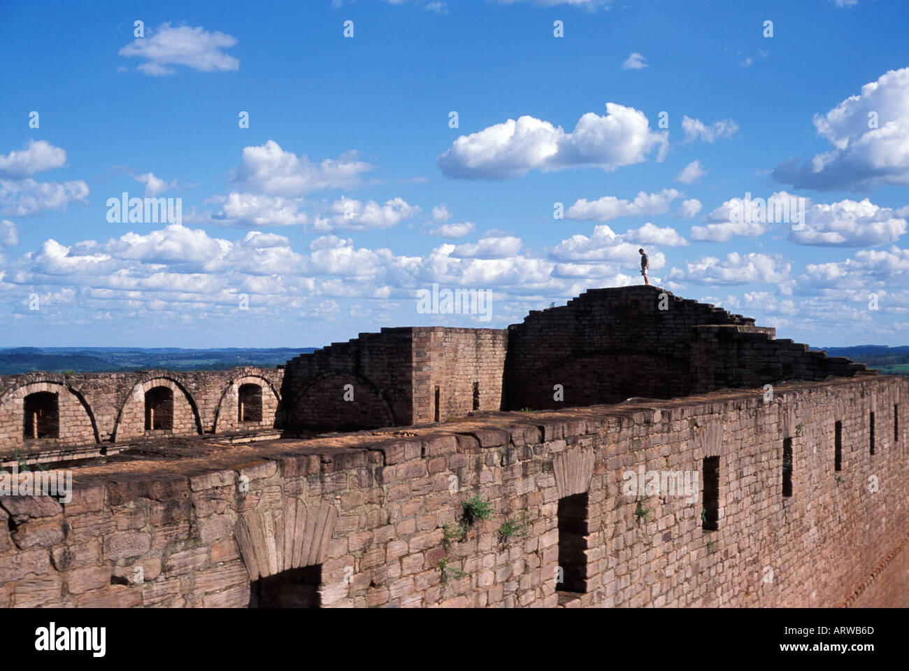 Jesuit mission in Jesus Paraguay with man walking on mission walls Full ...