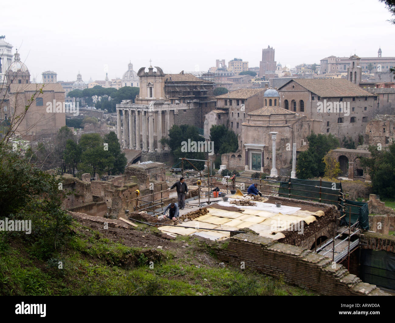 Restoration work on the Forum Romanum viewed from the Palatine hill ...