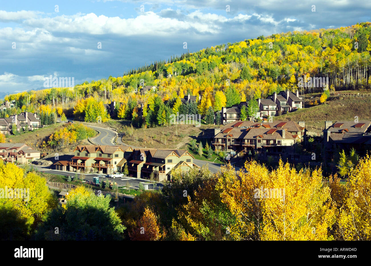 Condominiums and fall foliage in Snowmass Village Colorado USA Stock ...