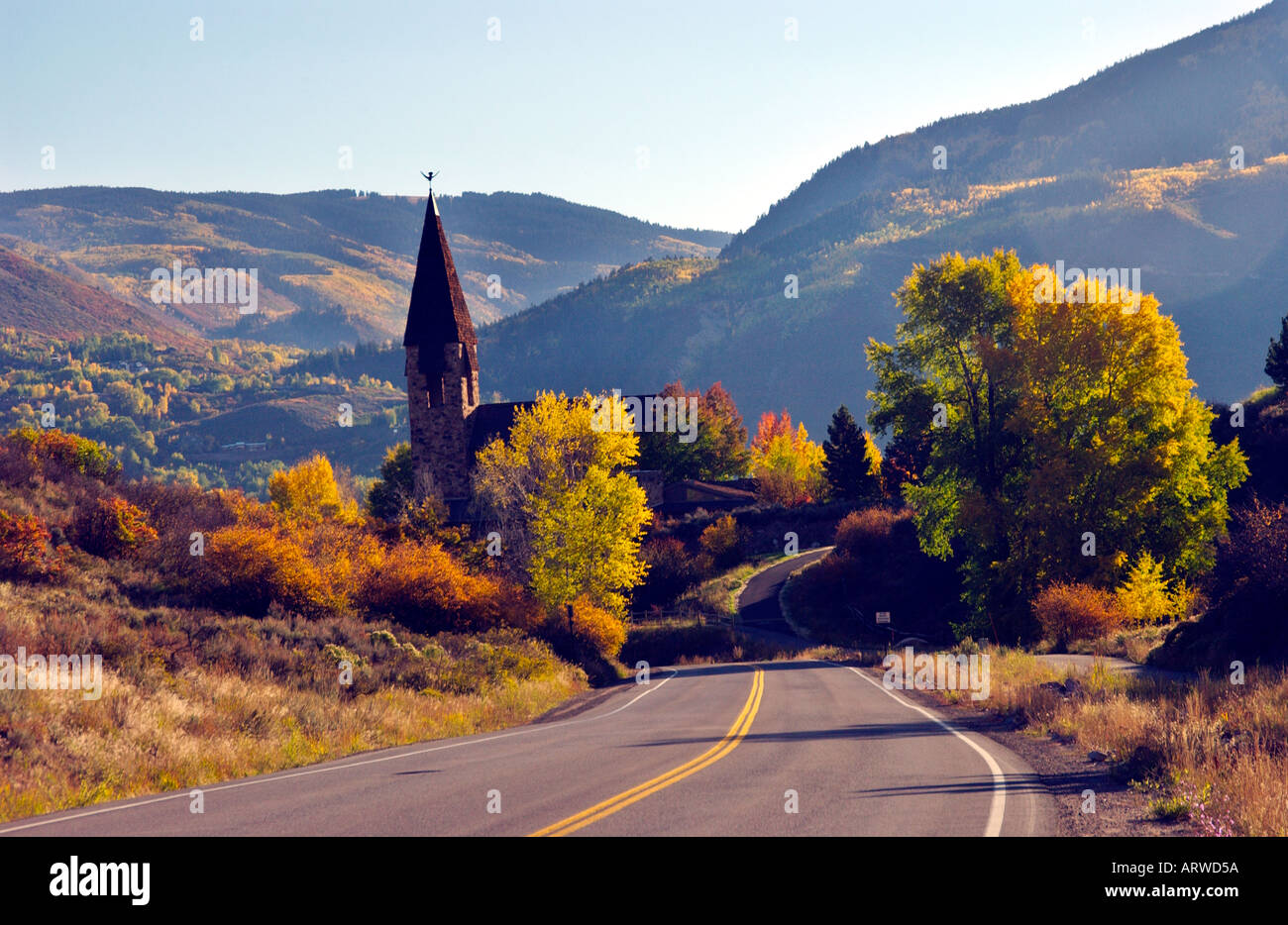 Aspen Chapel with fall foliage near Aspen Colorado USA Stock Photo - Alamy