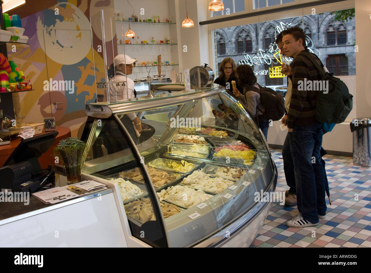 Shoppers in Ice cream shop in Ypres Belguim Stock Photo - Alamy