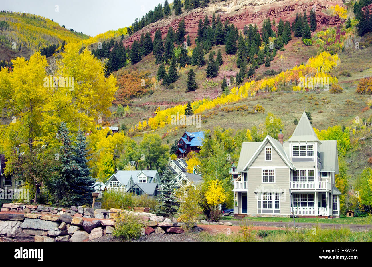 Fall foliage and mountain homes in Telluride Colorado USA Stock Photo ...