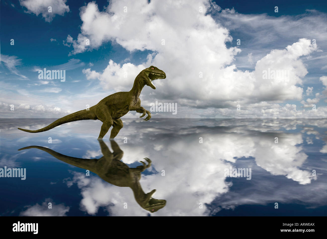 1,Dinosaur, wading, ,sea, clouds, reflected, ,perfectly, calm ,sea ...