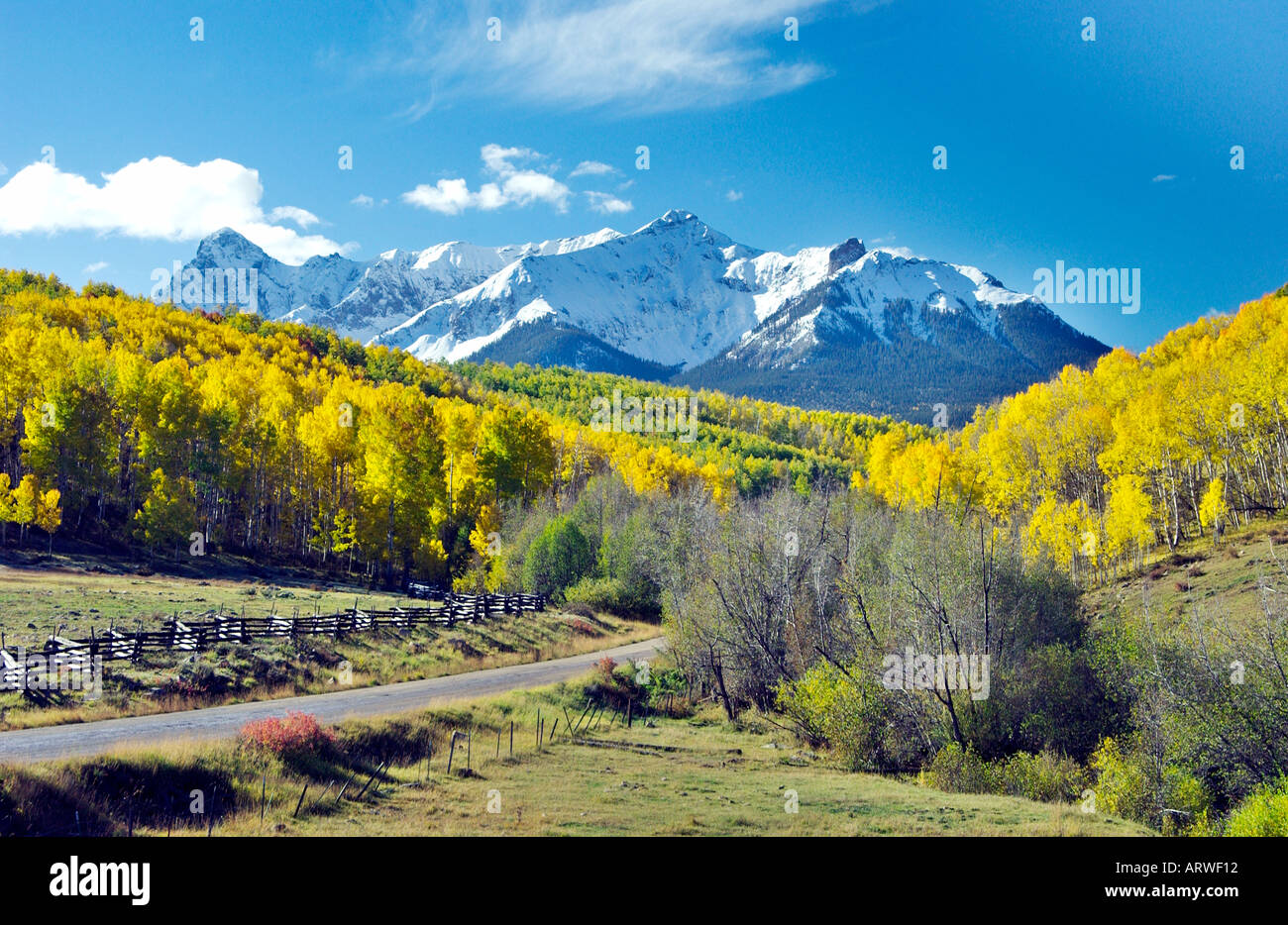 Rustic fence and fall foliage at Dallas Divide Colorado USA Stock Photo ...