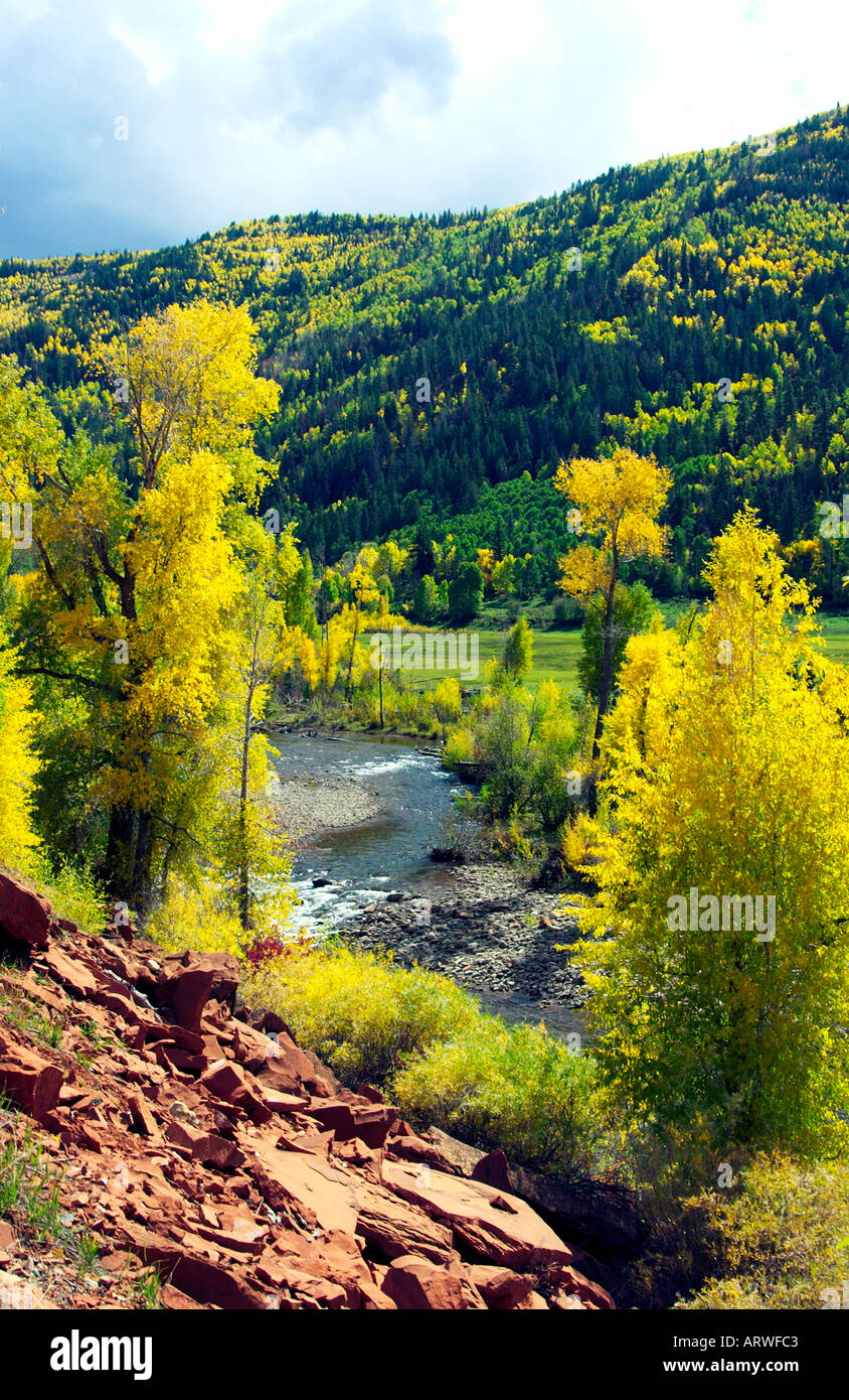 Fall foliage along Colorado 145 and the Dolores River USA Stock Photo ...
