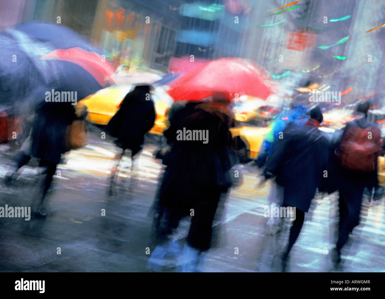 Rainy day New York street. New York City, heavy rain and people with ...