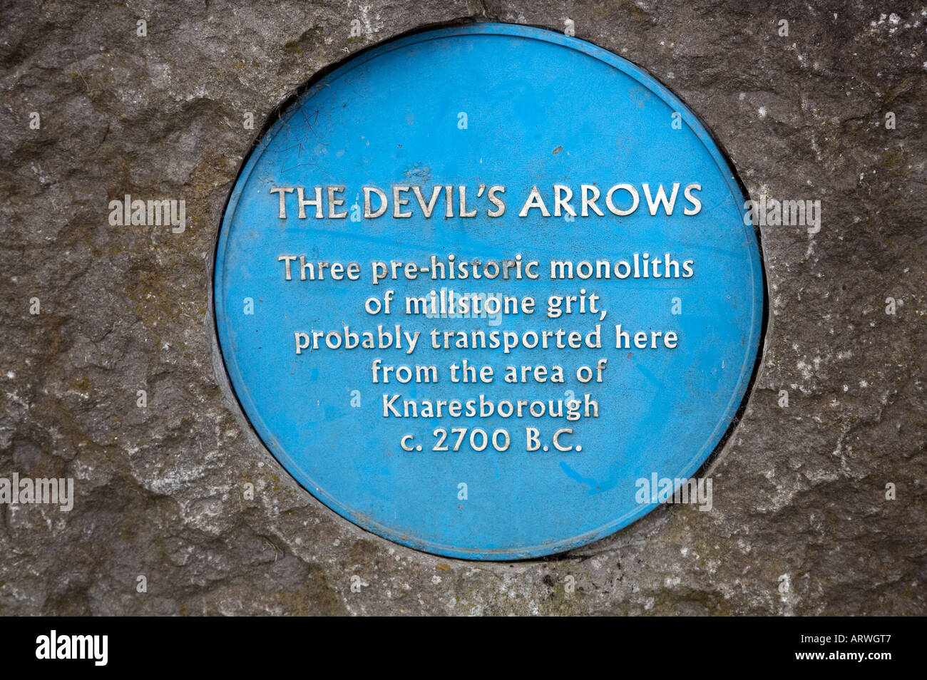 Plaque marking the Devils Arrows Boroughbridge Norh Yorkshire Stock ...