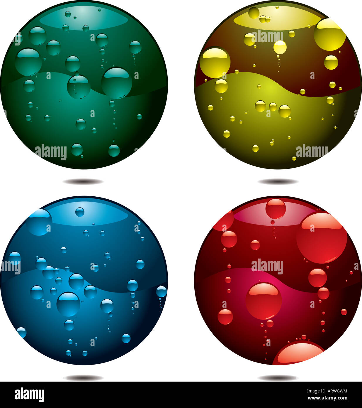 Four buttons with different coloured bubbles all with drop shadows ...