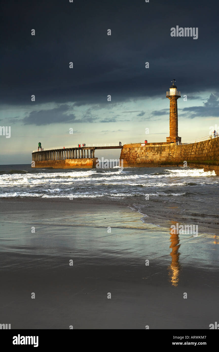 Storm over the West Pier Whitby North Yorkshire Coast England Stock ...